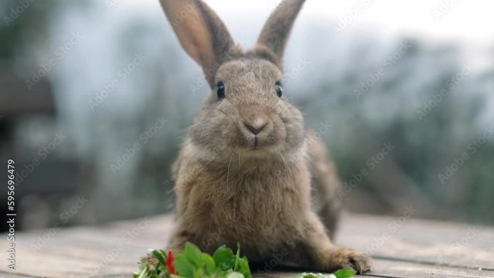 Rabbit chewing green leaves salad with its teeth and moving its nose ...