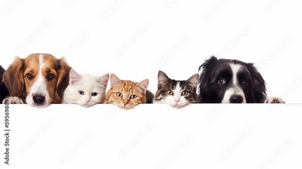 Dogs and cats peeking over web banner isolated white background. Al ...