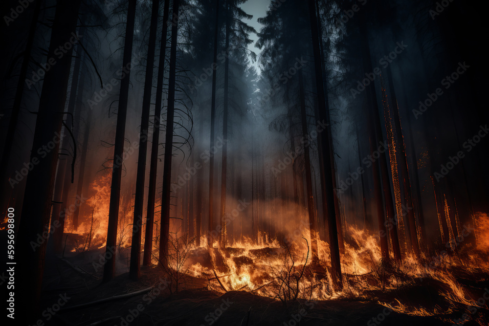 A dramatic and intense shot of a wildfire raging through a forest with ...