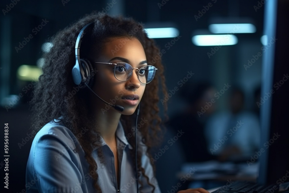 girl tech support worker with a microphone and headphones sits at table ...