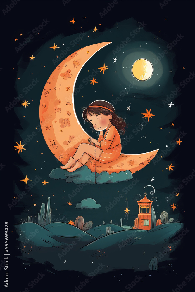 Hand drawn cartoon or mobile wallpaper, good night girl, stars and moon ...