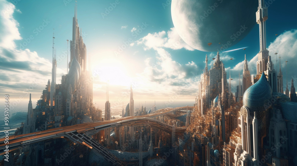 Beautiful Utopia Futuristic Metropolis 3D Art Illustration. Waterfalls ...