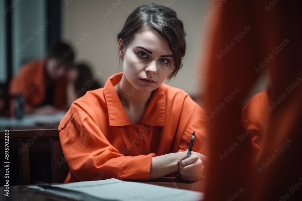 Illustration of a female prisoner in an orange jumpsuit sitting in a ...