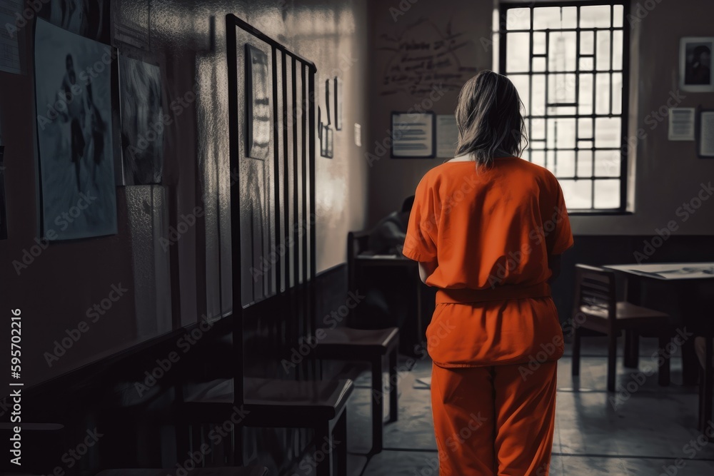 Illustration of a female prisoner in an orange jumpsuit sitting in a ...