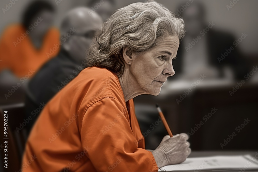 Illustration of a female prisoner in an orange jumpsuit sitting in a ...