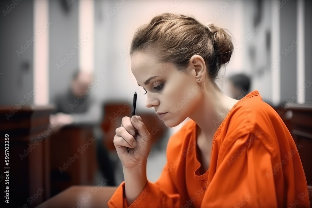 Illustration of a female prisoner in an orange jumpsuit sitting in a ...