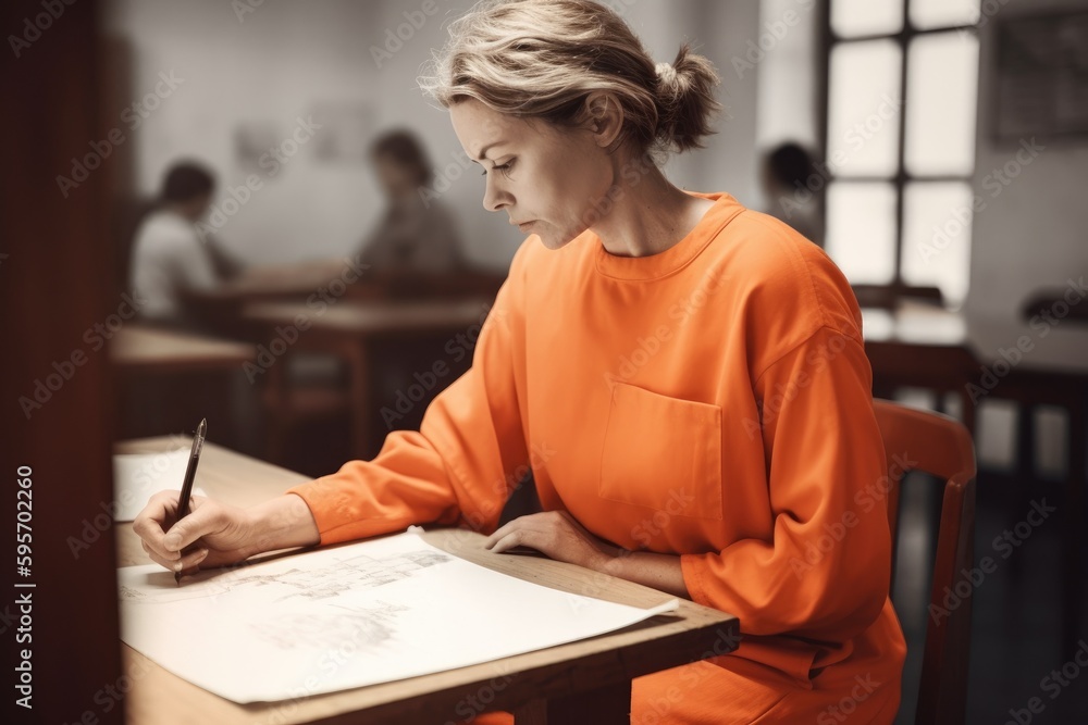 Illustration of a female prisoner in an orange jumpsuit sitting in a ...