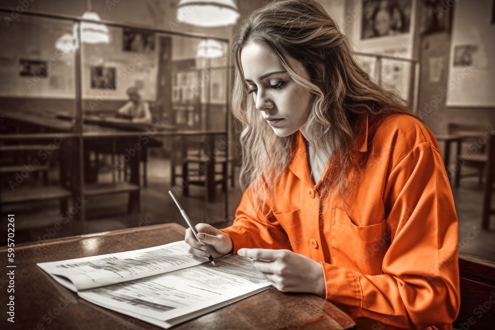 Illustration of a female prisoner in an orange jumpsuit sitting in a ...