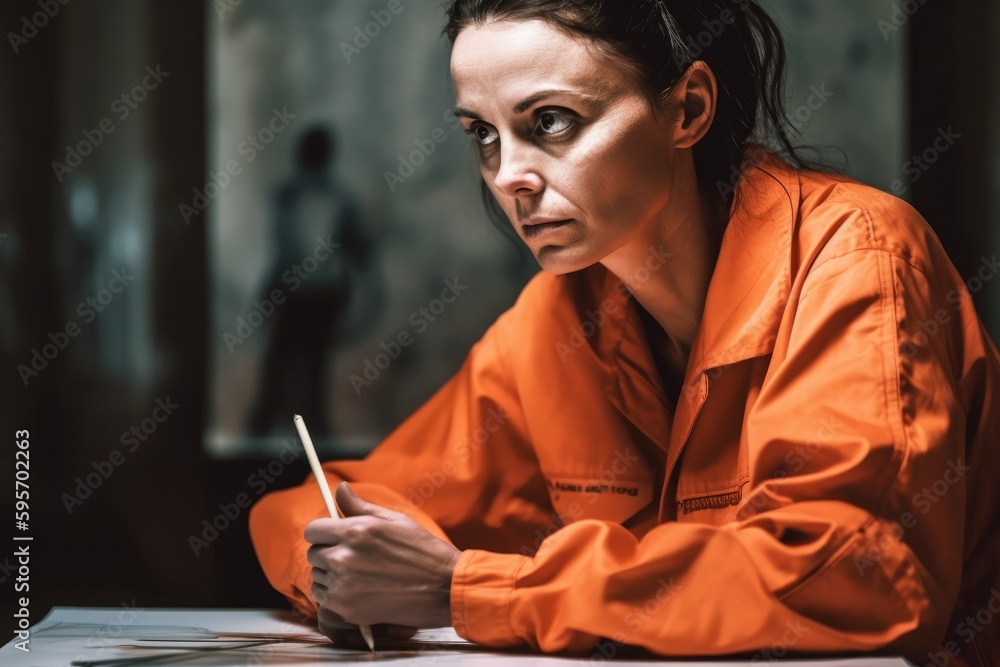 Illustration of a female prisoner in an orange jumpsuit sitting in a ...