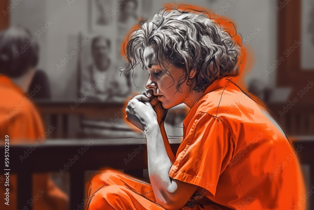 Illustration of a female prisoner in an orange jumpsuit sitting in a ...