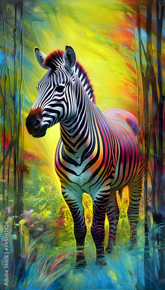 Oil painting of rainbow infused fruit stripe zebra, vibrant and ...