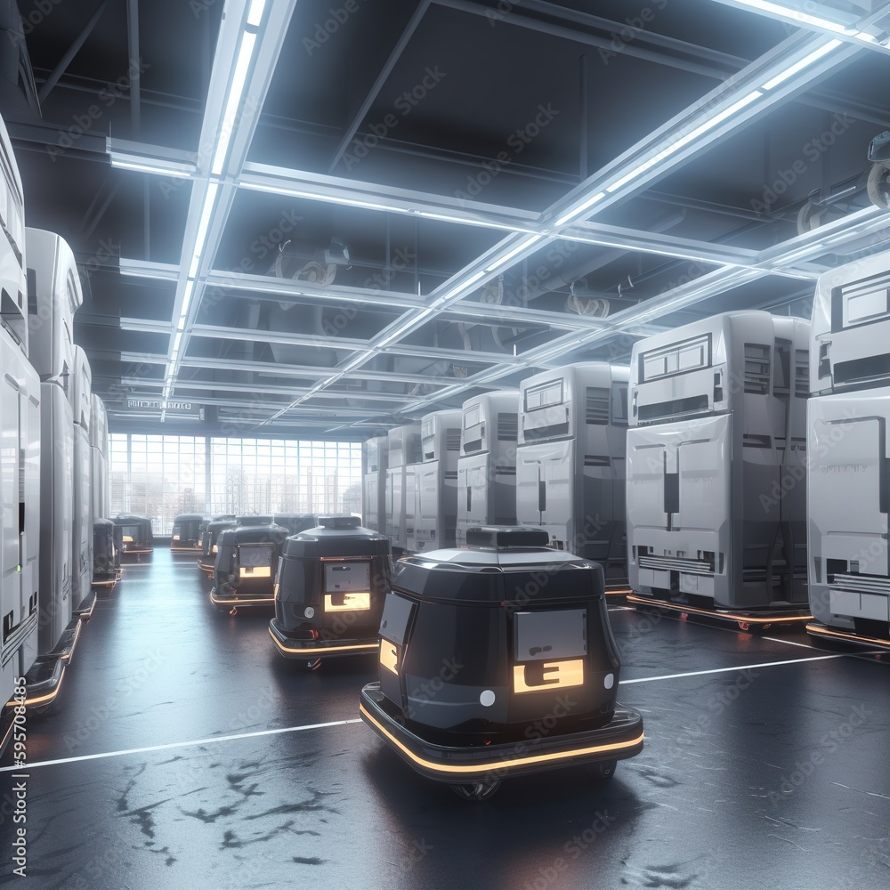 Smart factory concept and industrial 5G. Transfer boxes are operated by ...