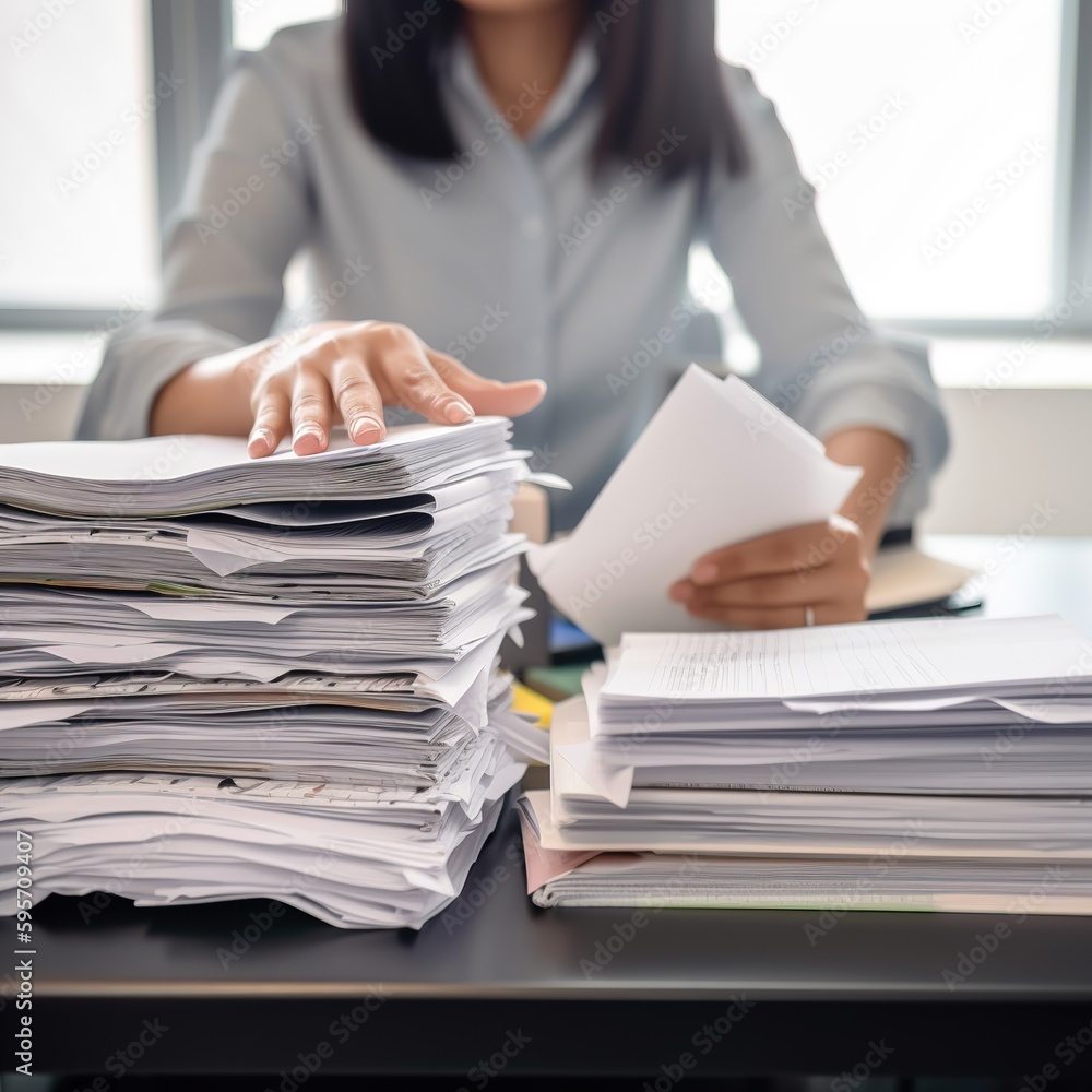 Paper stack, unfinished document, Close up hands of asian bookkeeper ...