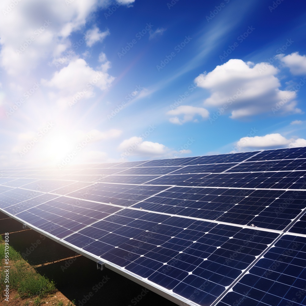 Solar panel with sunlight and blue sky background. Nature's clean ...