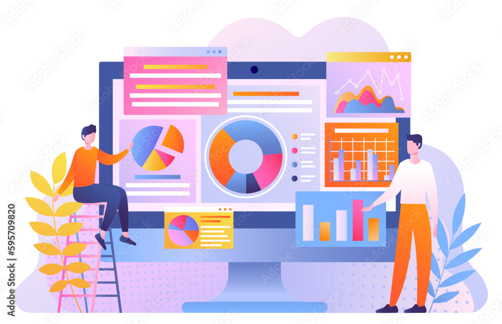 Analysis and monitoring concept. Men evaluate graphs and charts ...