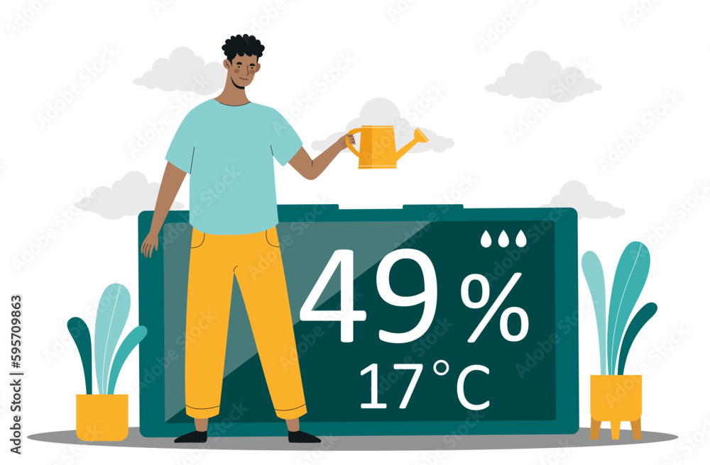 Air humidity concept. Man with watering can stands in front of gadget ...