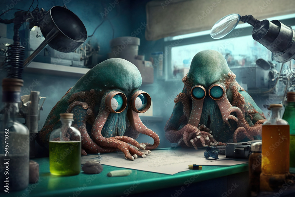 Octopuses dressed as scientists experimenting, created with Generative ...