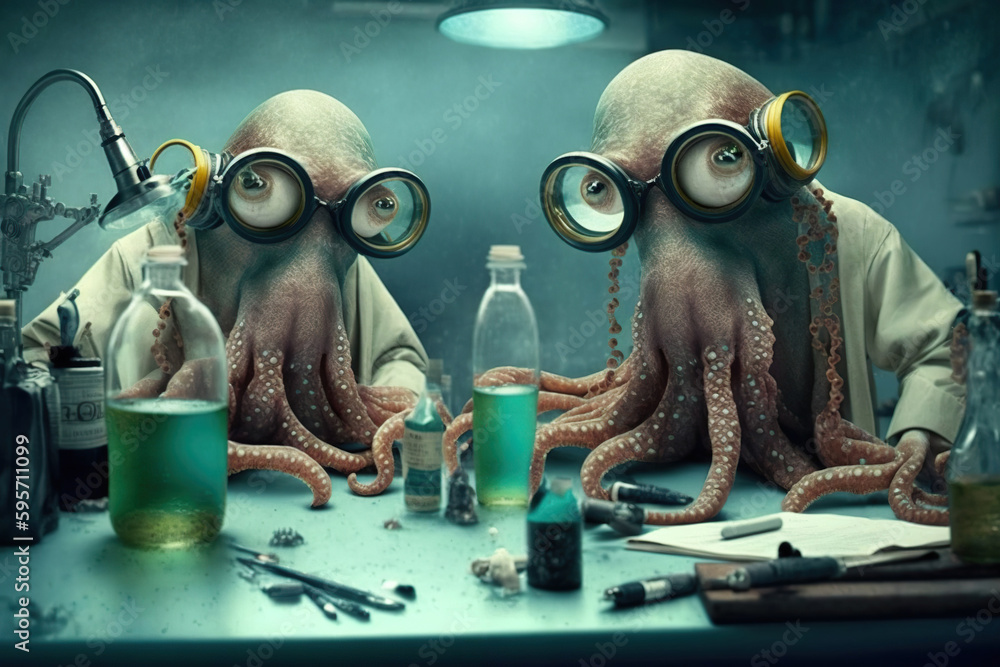 Octopuses dressed as scientists experimenting, created with Generative ...