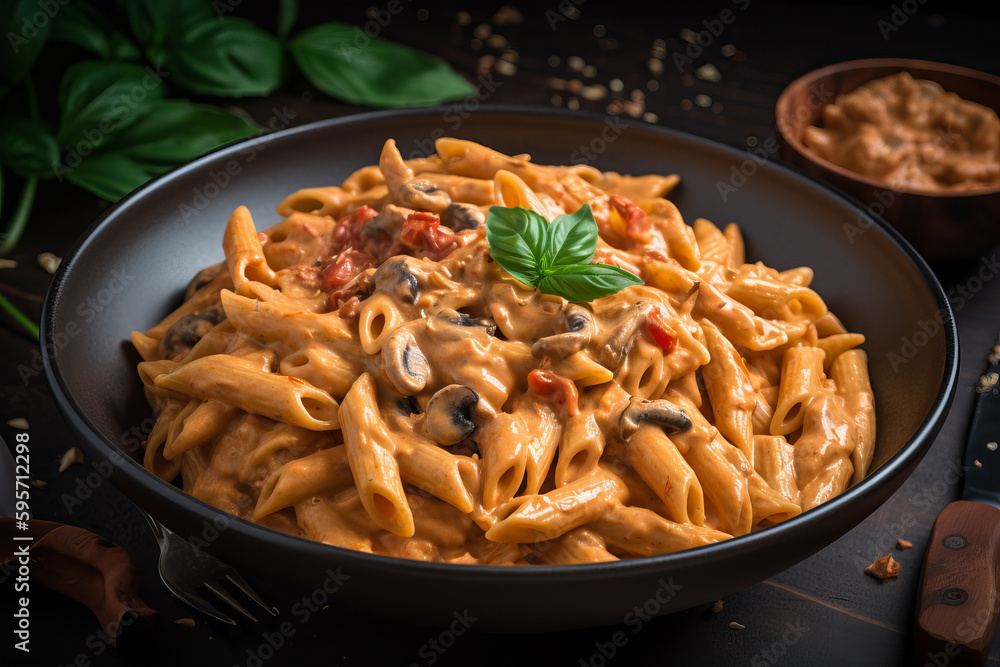 Extra creamy and spicy tomato trofie pasta with mushrooms and sliced ...