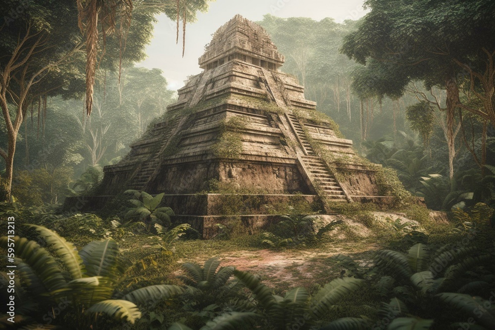 Illustration of a hidden pyramid temple in the Amazon jungle on a white ...