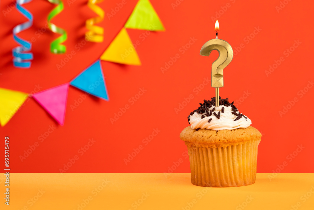 Birthday cake with question mark - Orange background with pennants ...