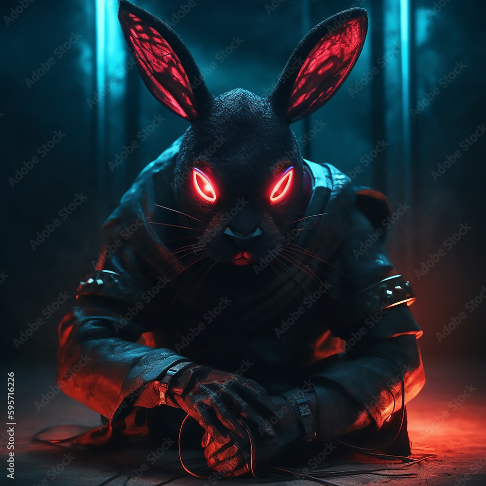 Mysterious character dressed as a black rabbit in a cyberpunk future ...