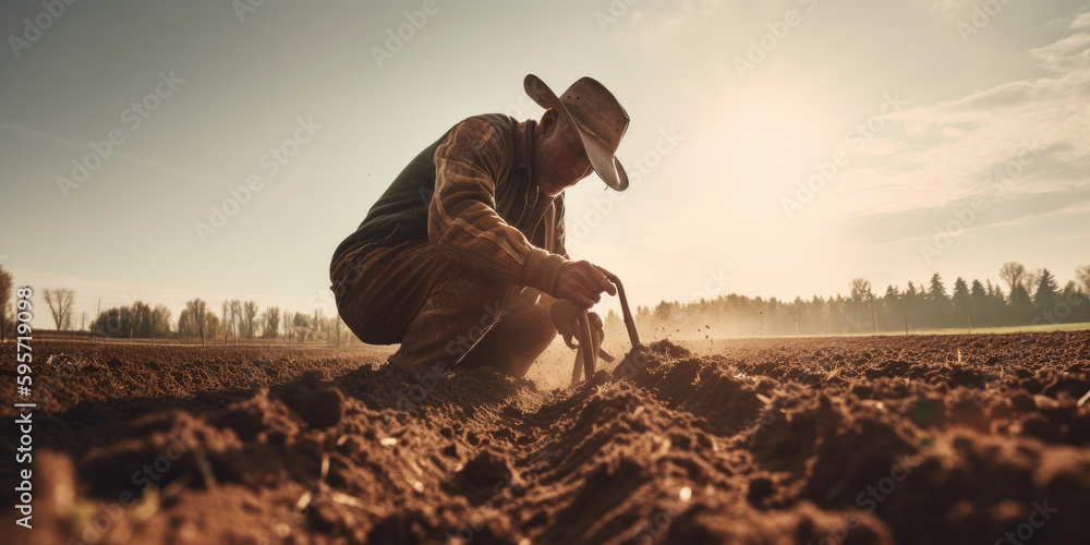 A farmer planting seeds in a fertile field using a no - till drill ...