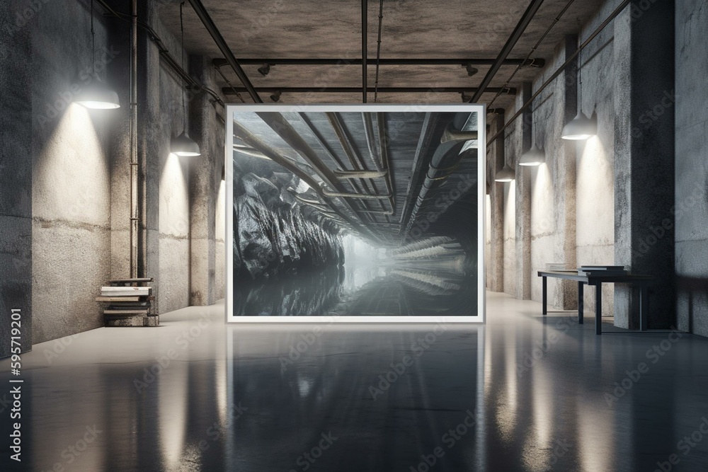 White poster on grey partition in underground hall with water pipes and ...