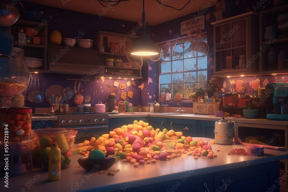 Cartoon kitchen with cozy Candyland atmosphere and nighttime lighting ...