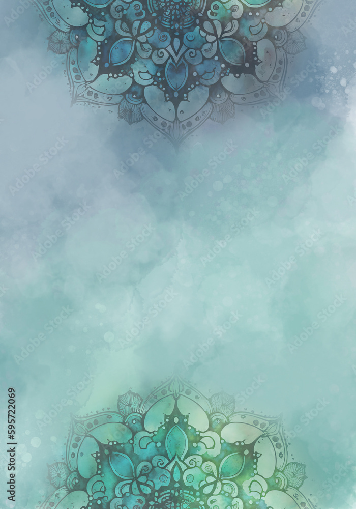 Abstract blue green watercolor background with mandala. Watercolor ...