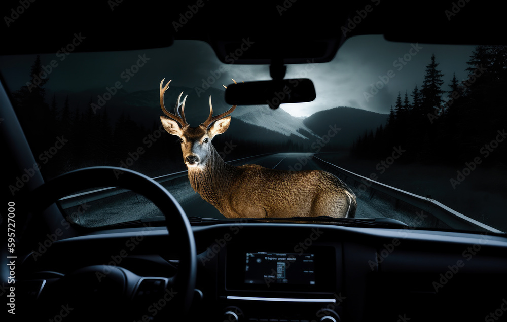 View from the inside of a car, deer standing in the middle of the road ...