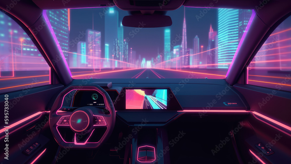 Car drive night road to city cartoon illustration. Cockpit inside view ...