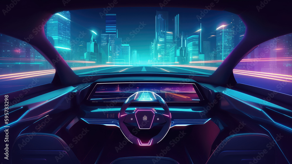 Car drive night road to city cartoon illustration. Cockpit inside view ...
