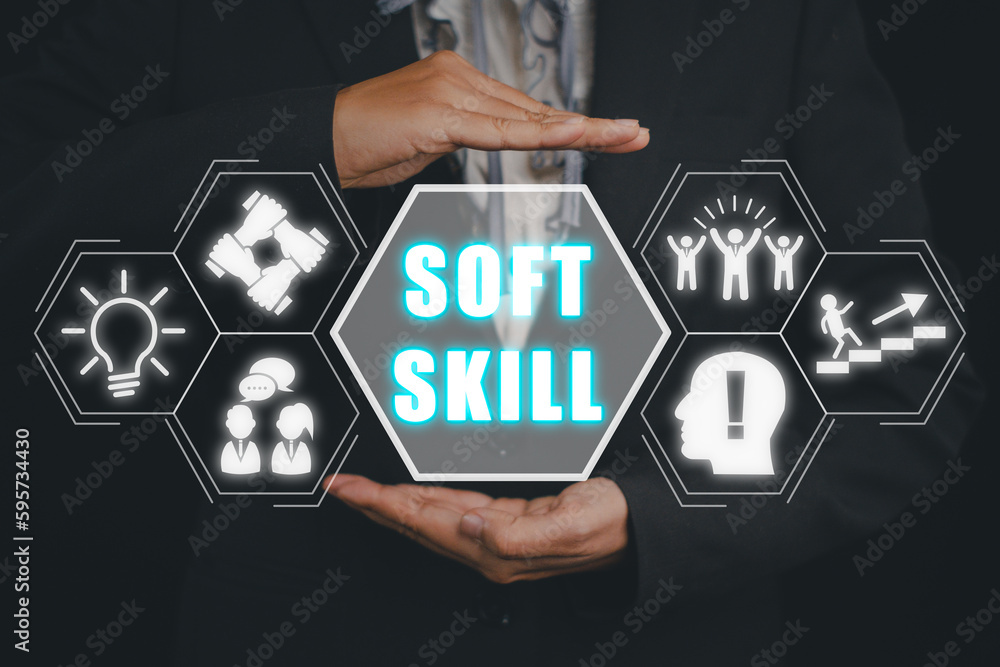 Soft skills training and improvement concept, Woman hand holding VR ...