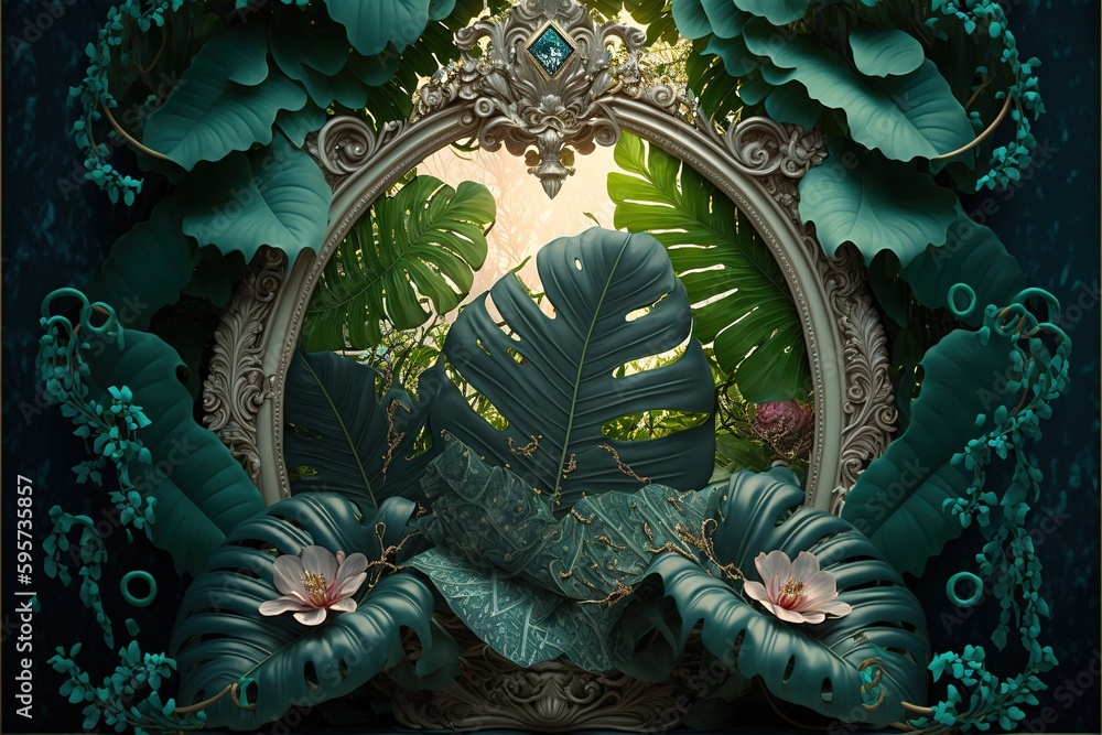Rococo designed oval decoration with exotic jungle and tropical plant ...