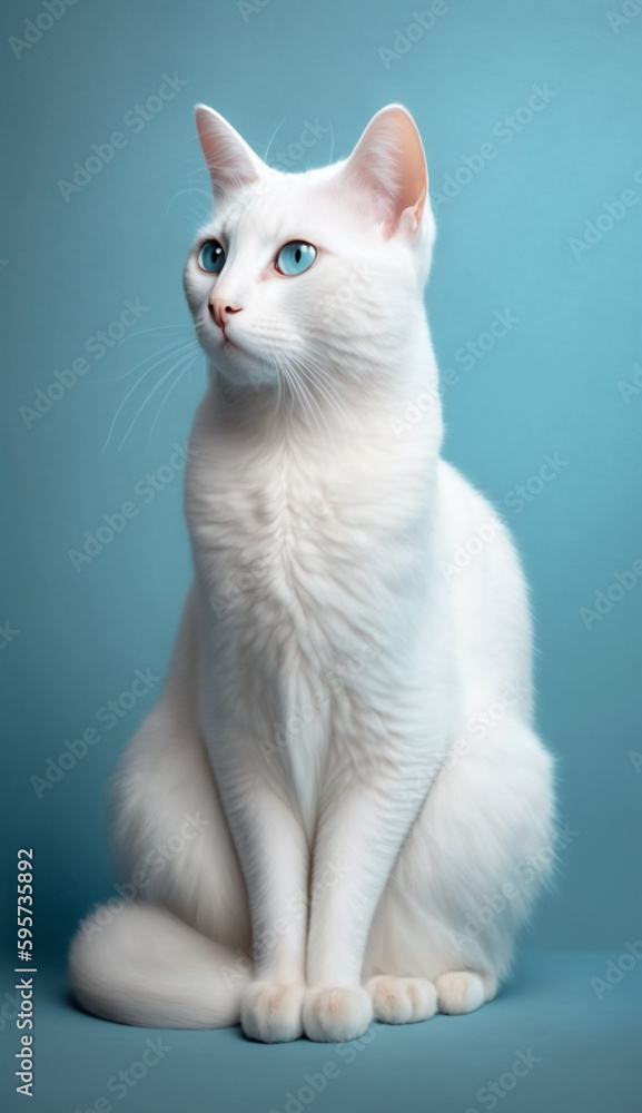 White Turkish Angora cat, blue eyes, sitting pose, in the turquoise ...