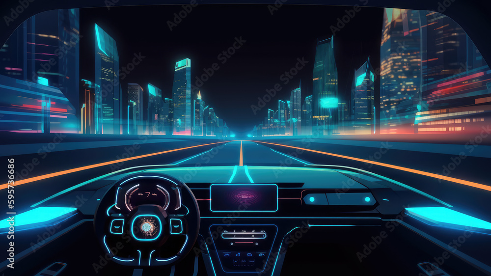 Car drive night road to city cartoon illustration. Cockpit inside view ...