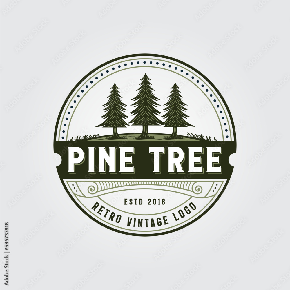 Antique and Pine trees vintage logo, tree illustration logo, badge, and ...
