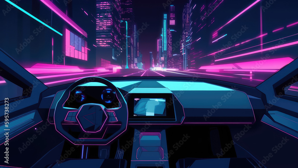 Car drive night road to city cartoon illustration. Cockpit inside view ...