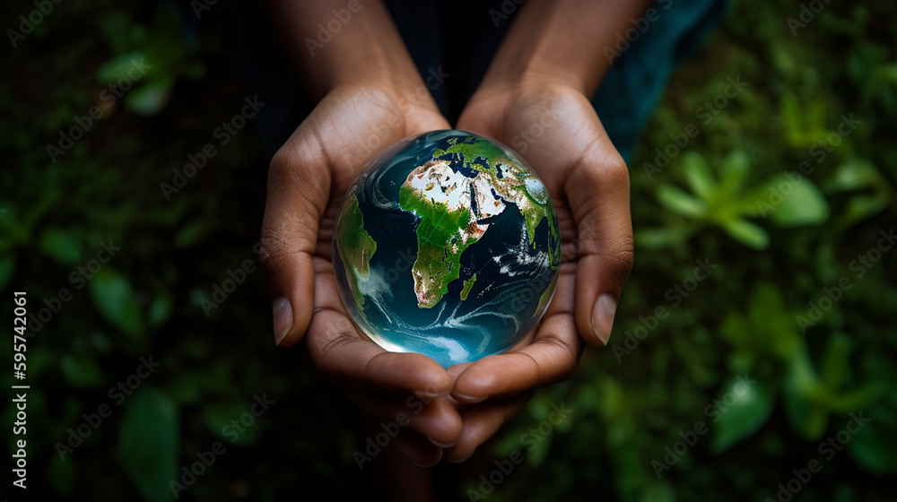 Top view of hands holding protect the earth on a nature background ...