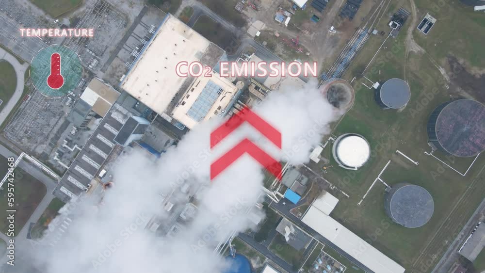 Aerial top down shot of industrial factory with rising co2 and high ...