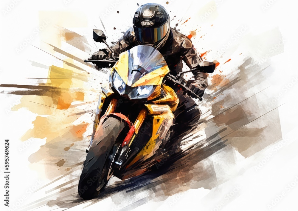 fast road racing motorcycle man riding back yellow background profile ...