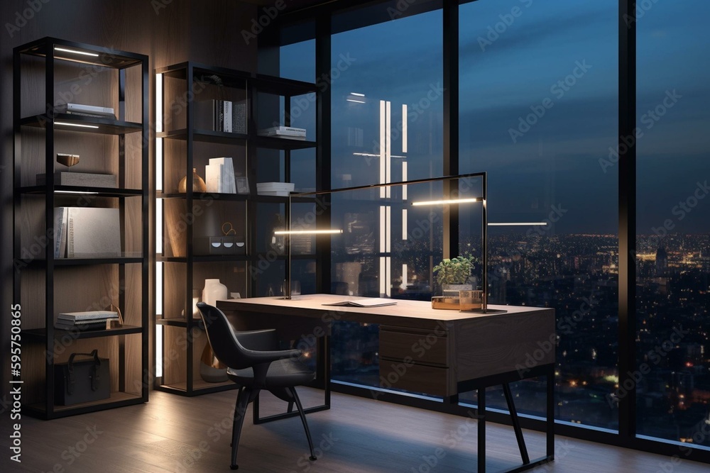 A modern office cabinet with transparent work table, laptop, city view ...