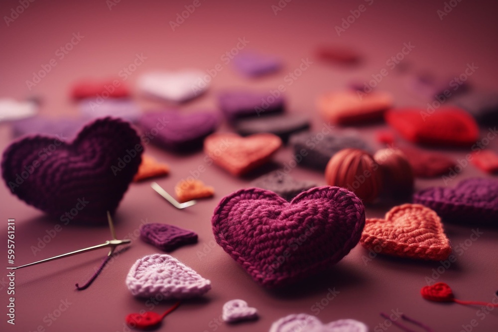 Crocheted hearts in shades of purple, red, and burgundy on a pink ...