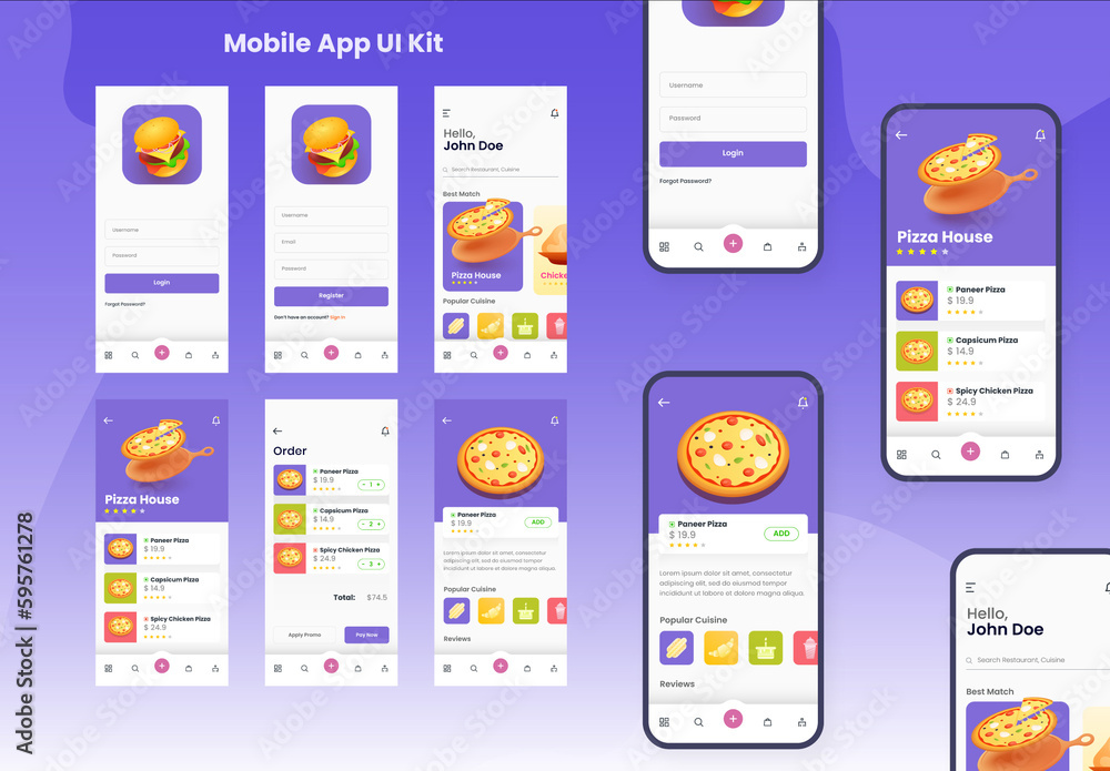 Mobile Food Delivery App Ui and Ux Screen Layouts. Stock Template ...