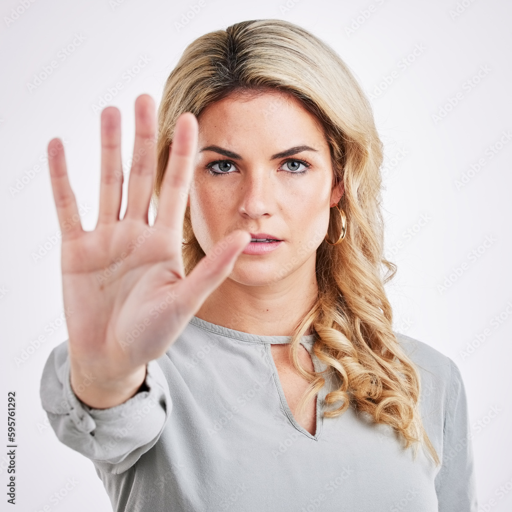Stop hand, woman and portrait in a studio with protest, emoji and ...