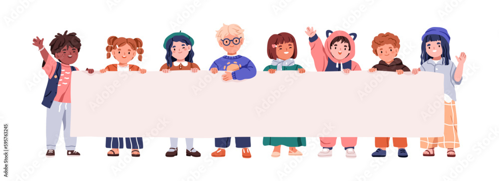 Happy kids holding blank banner. Cute children with advertising board ...