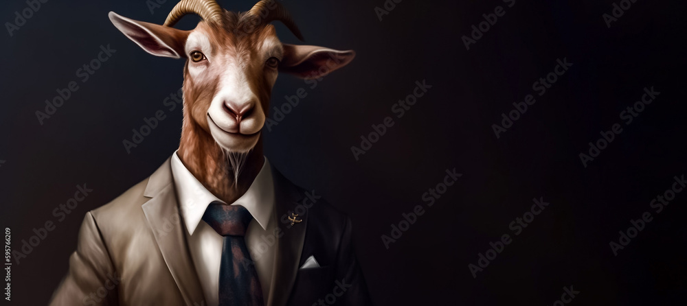 a real goat smiling and wearing a evening-dress human shape, in the ...