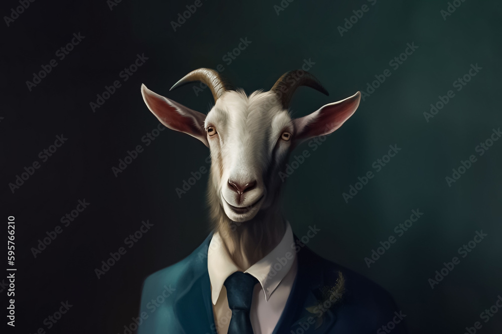 a real goat smiling and wearing a evening-dress human shape, in the ...