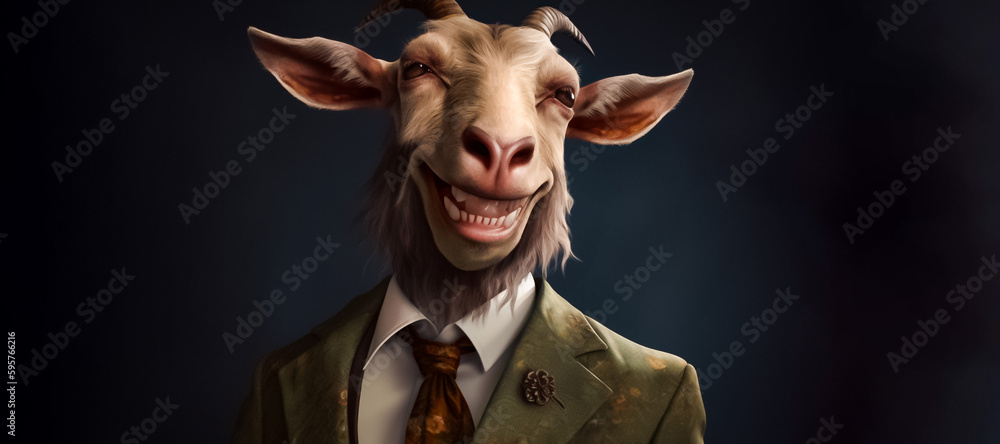 a real goat smiling and wearing a evening-dress human shape, in the ...